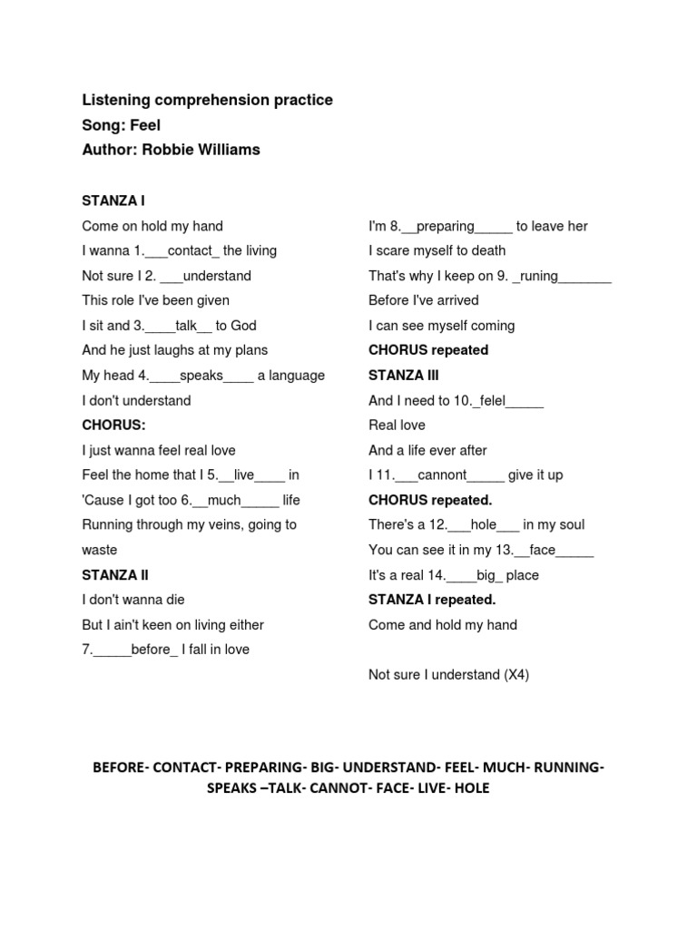 Listening Comprehension: "Feel" by Robbie Williams | PDF