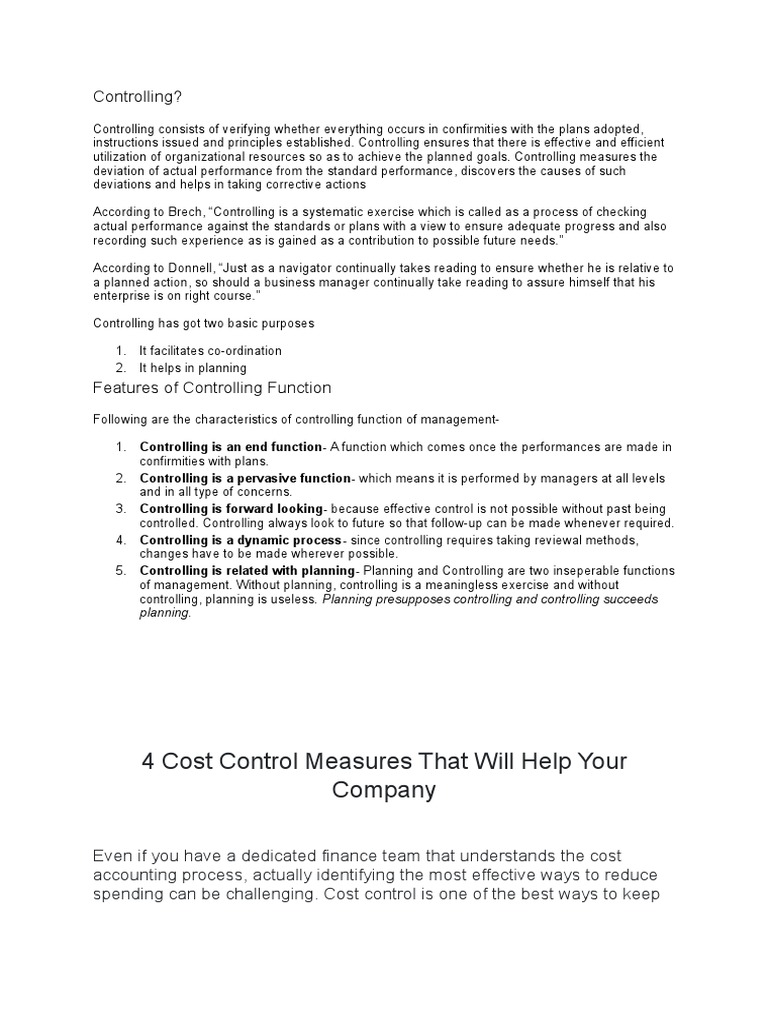 4 Cost Control Measures That Will Help Your Company: Controlling? | PDF ...