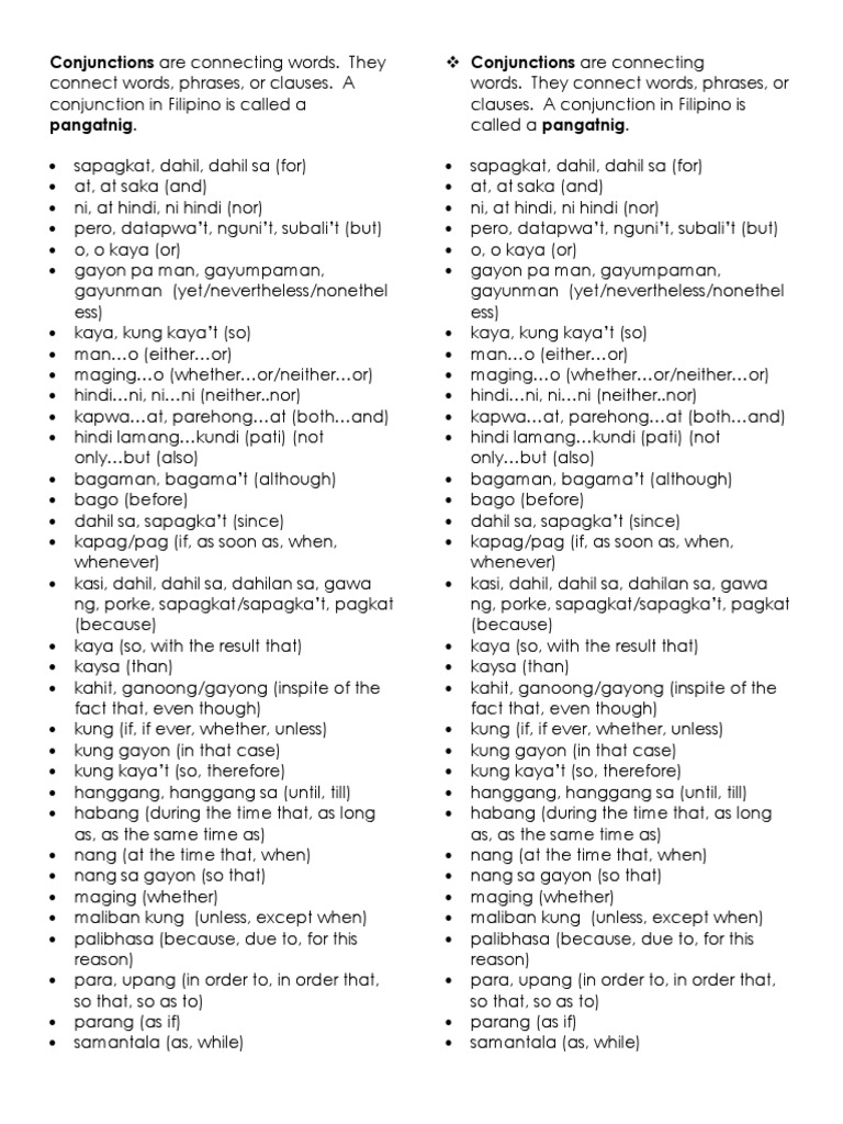 A Comprehensive List of Filipino Conjunctions and Their English ...