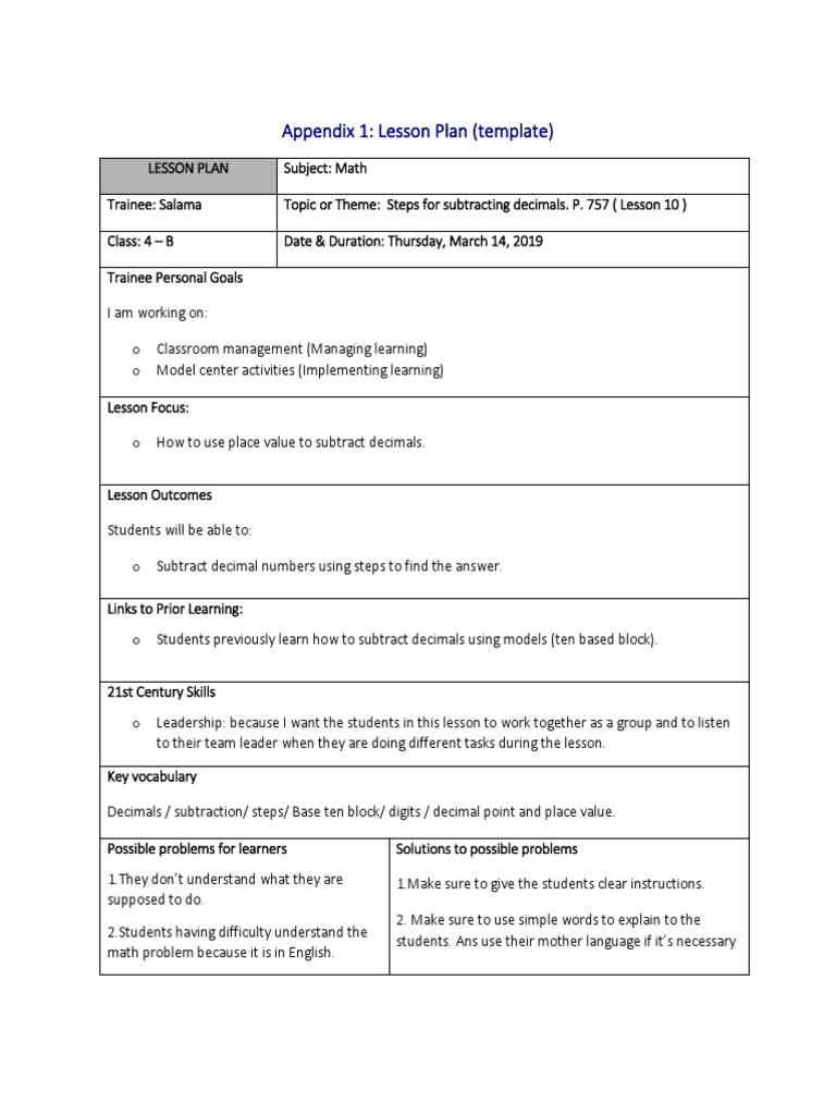 Lesson Plan 4 | PDF | Lesson Plan | Subtraction