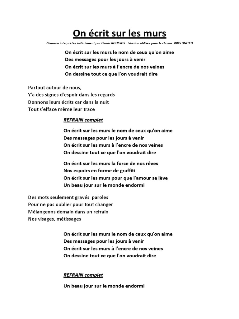Paroles On Écrit Sur Les Murs PDF | PDF