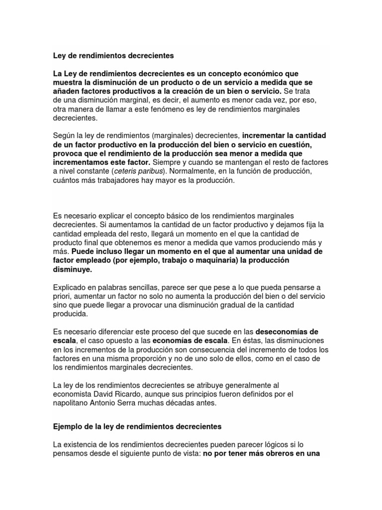 Ley De Rendimientos Decrecientes Pdf Función De Producción