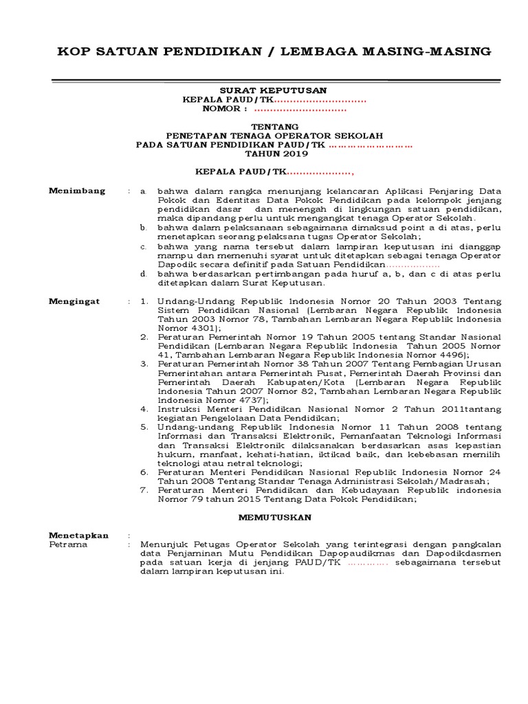 Contoh SK Operator - Tk-Paud 2019 | PDF