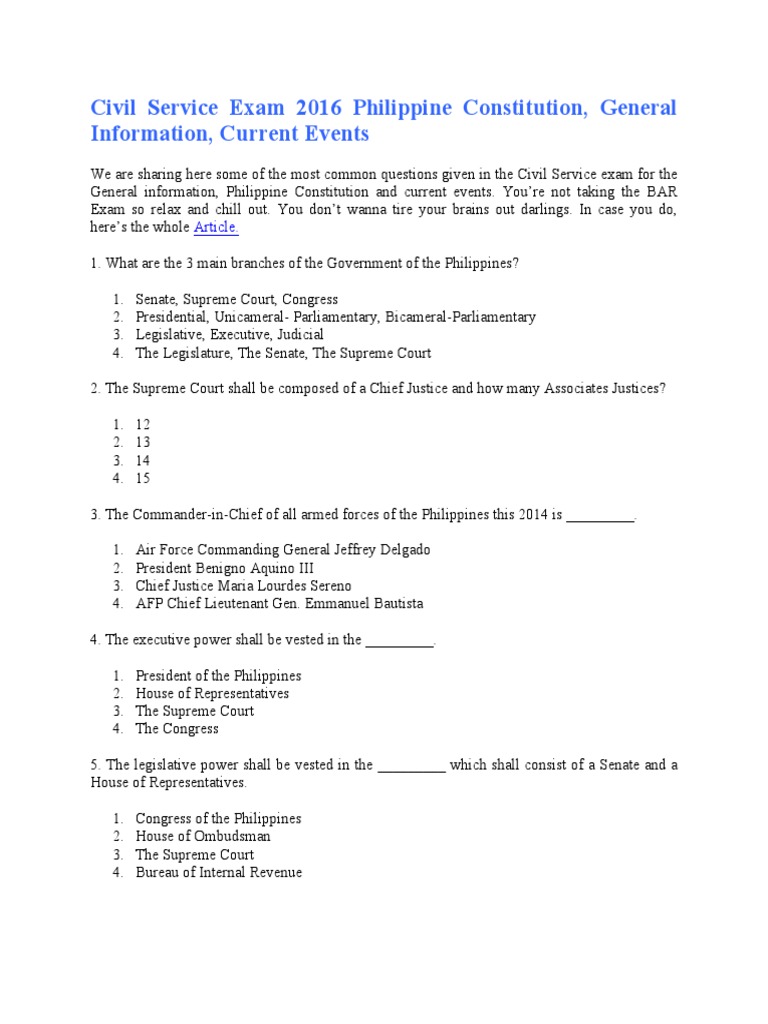 Civil Service Exam 2016 Philippine Constitution, General Information ...