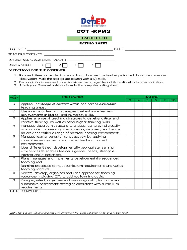 Cot - RPMS: Teacher I-Iii Rating Sheet | PDF | Teachers | Curriculum