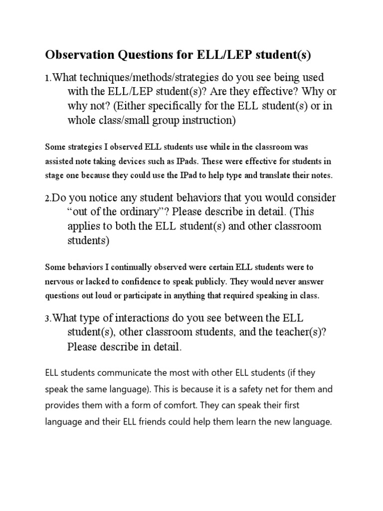 Observation Questions For Ell | PDF | Classroom | Teaching