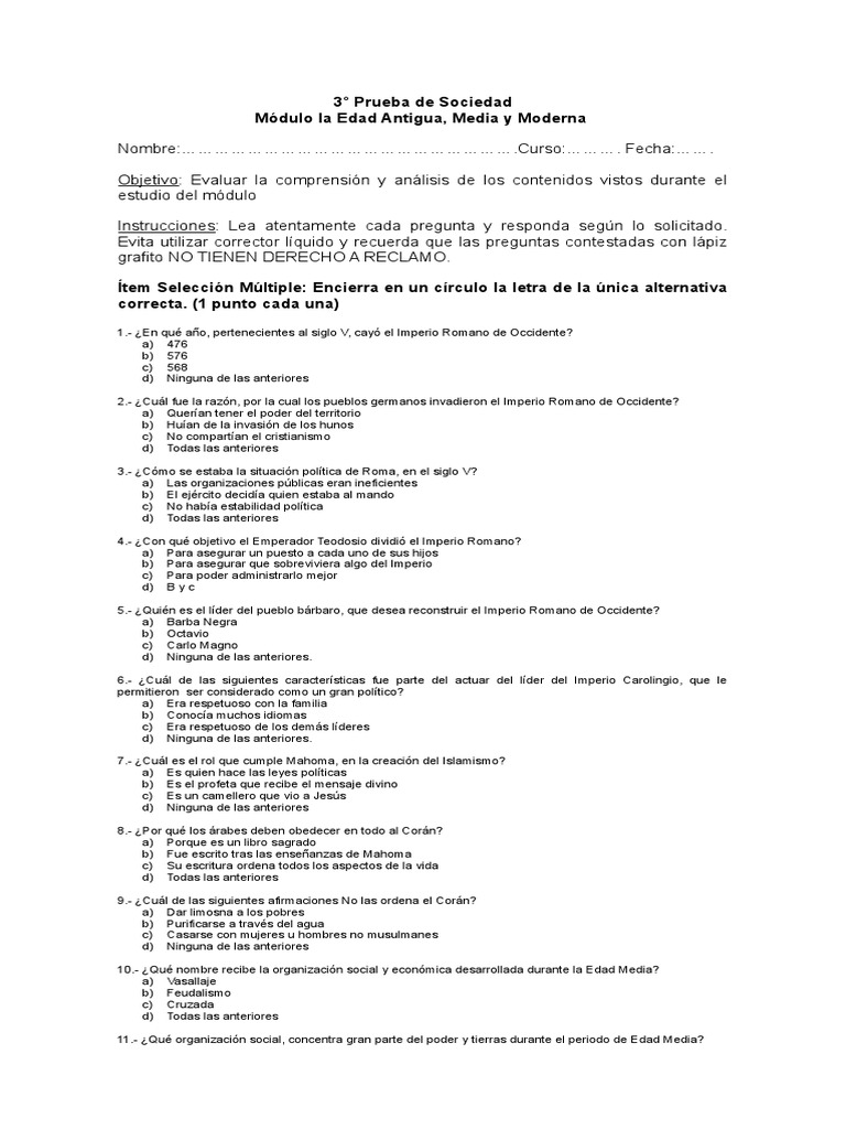 Prueba Edad Media y Moderna | PDF | Edades medias | Renacimiento