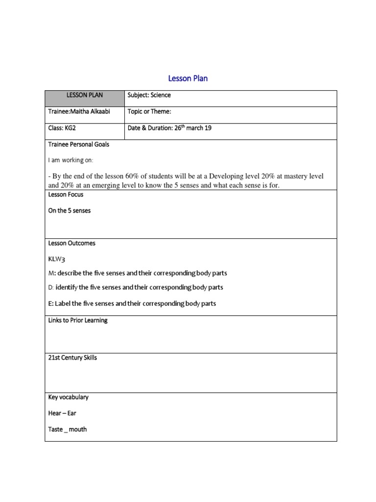 Lesson Plan 5 Senses 2 | PDF | Senses | Lesson Plan