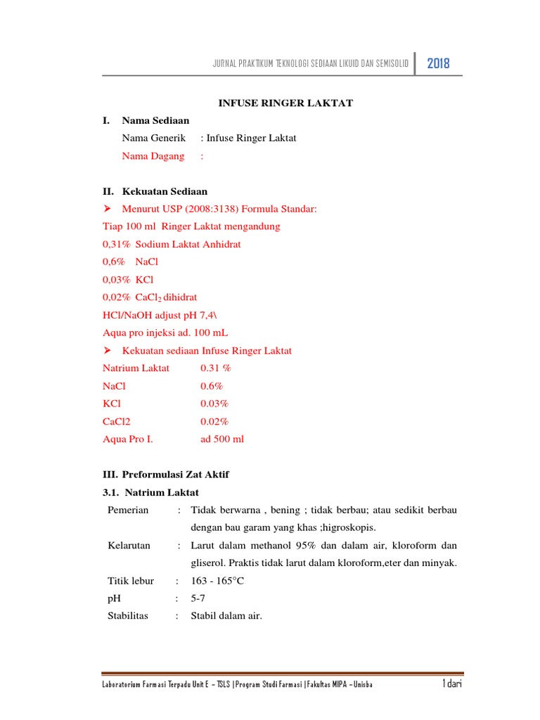 Infus Ringer Laktat: Komposisi dan Formula | PDF