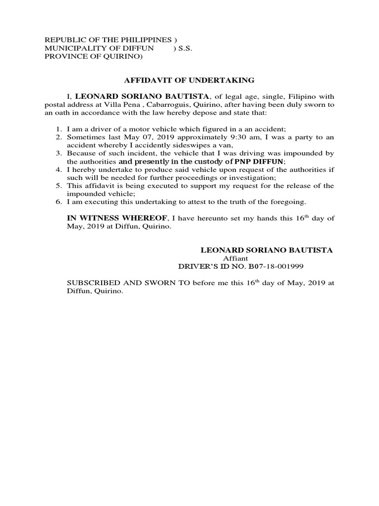 Affidavit of Undertaking - Vehicle | PDF | Affidavit | Legal Communication