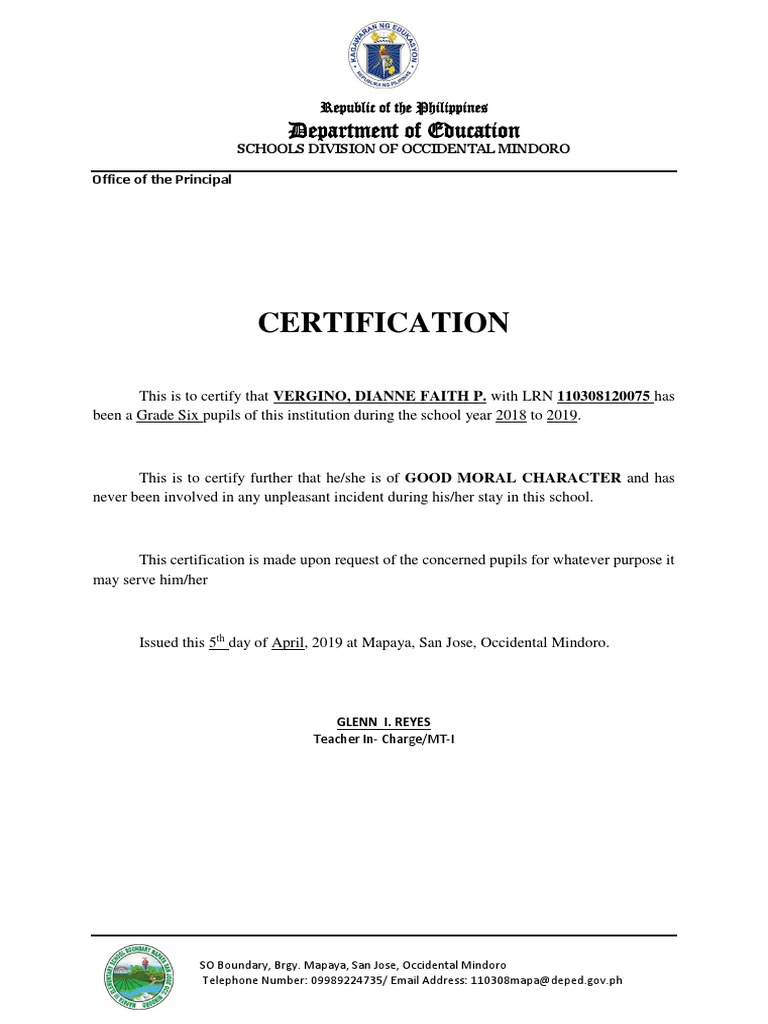 Certificate of Good Moral | PDF