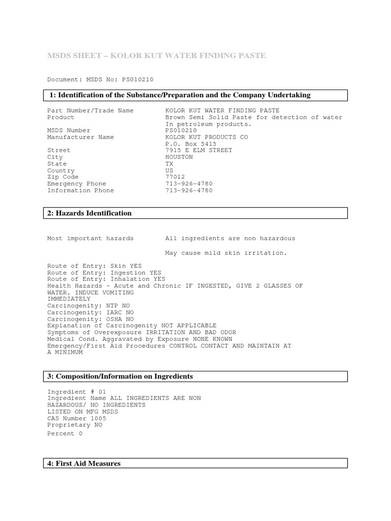 Kolor Kut Water Finding Paste MSDS | PDF | Hygiene | Waste Management