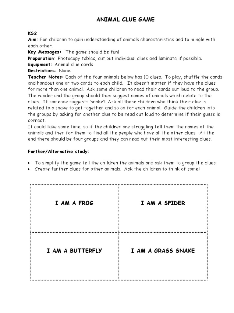 Animal Clue Game for KS2 Students | PDF | Insects | Frog