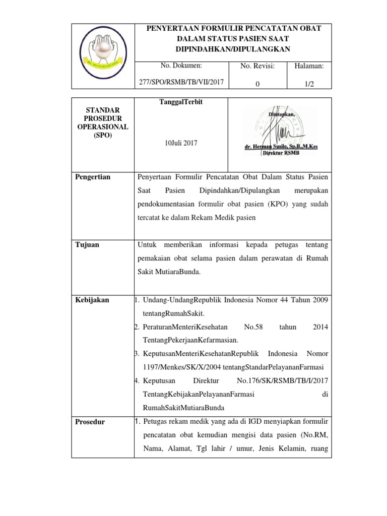 Pkpo 4.3.1 Spo Pernyataan Formulir Pencatatan Obat Dalam Status Pasien | PDF