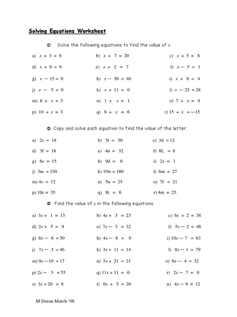 Solving Equations Worksheet: Finding Unknown Values Through Algebraic ... Solving Equations Worksheet: Finding Unknown Values Through Algebraic ...