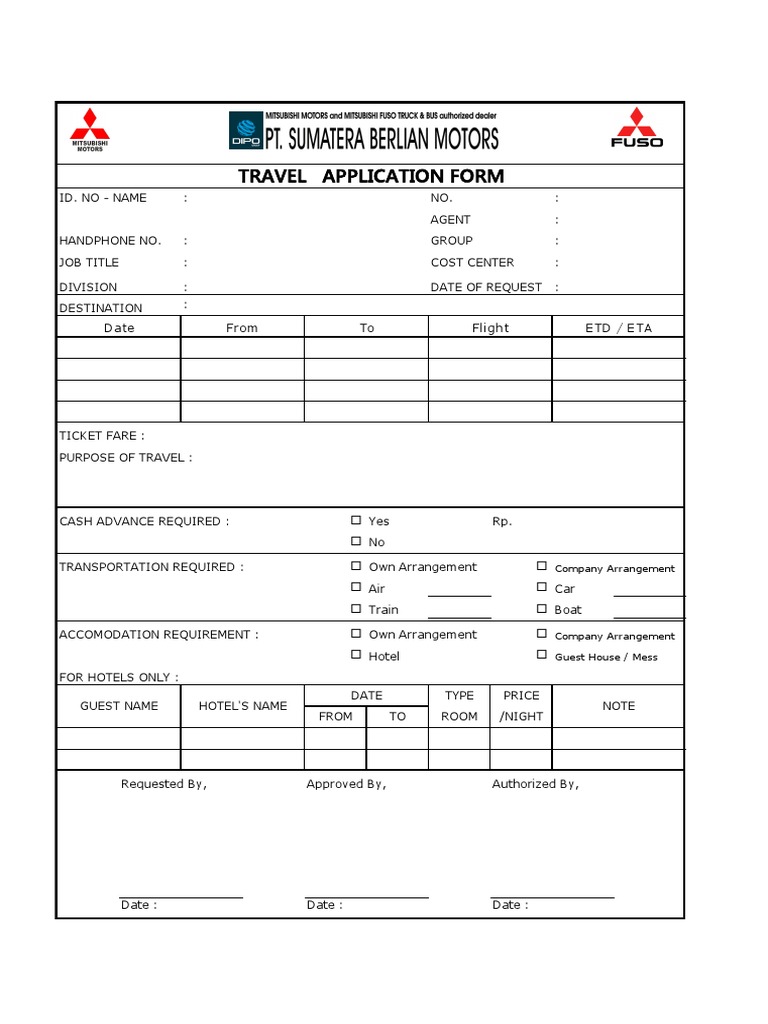 Travel Application Form: Date From To Flight Etd / Eta | PDF