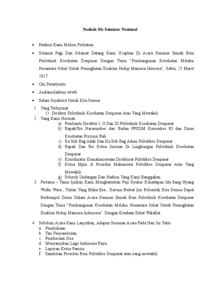 Naskah MC Seminar Kesehatan Nasional | PDF