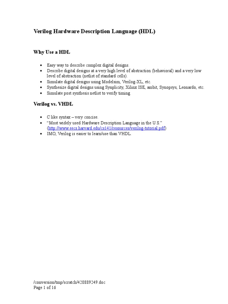 Verilog Hardware Description Language Hdl Why Use A Hdl Pdf Hardware Description
