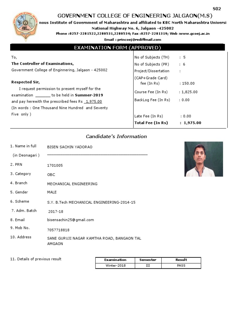 Government College of Engineering Jalgaon (M.S) : Examination Form ...