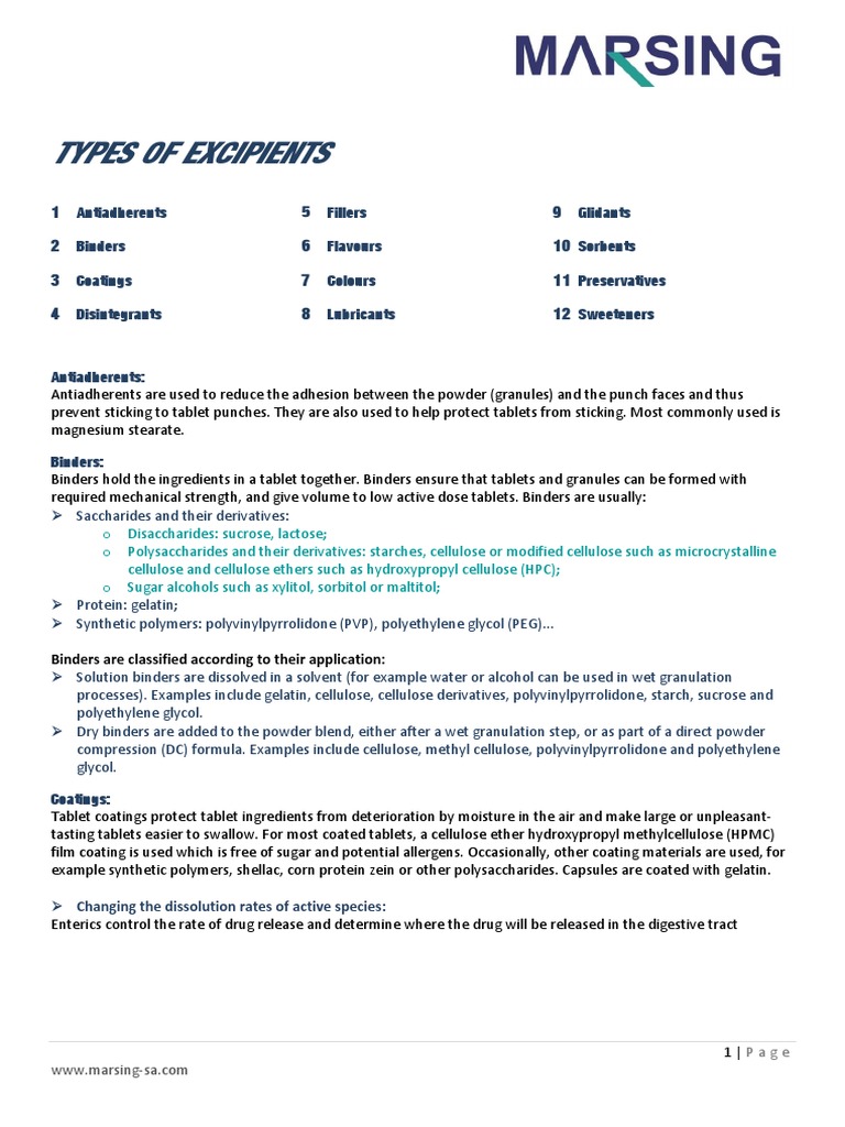 Types of Excipients | PDF | Tablet (Pharmacy) | Materials