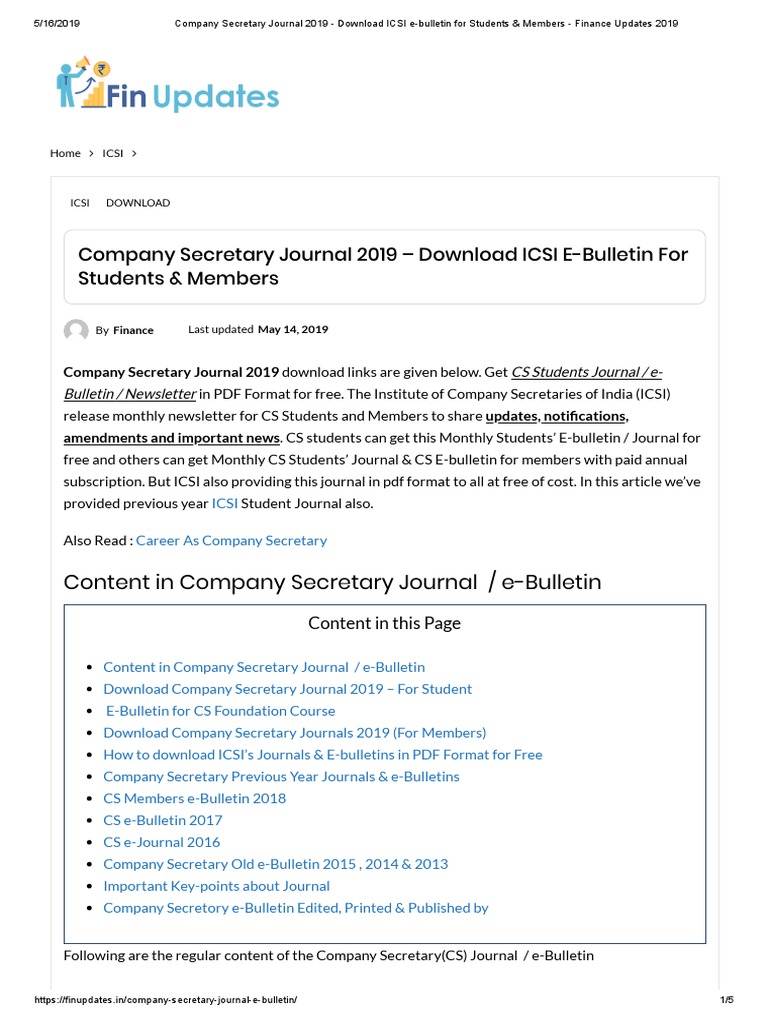 Company Secretary Journal 2019 - Download ICSI E-Bulletin For Students ...