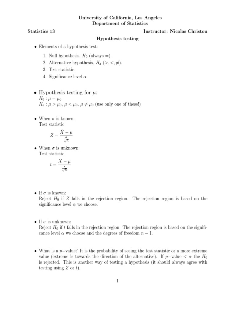 Hypothesis Testing Pdf P Value Type I And Type Ii Errors
