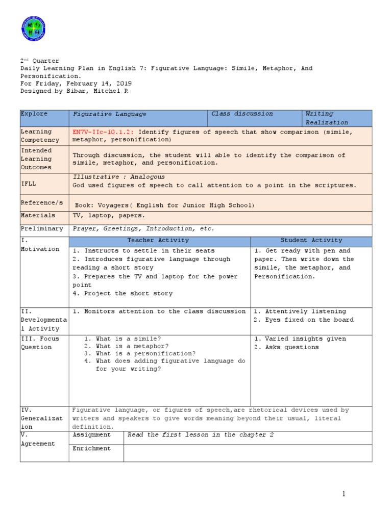 Lesson Plan: Figurative Language in English 7 | PDF | Metaphor | Soil