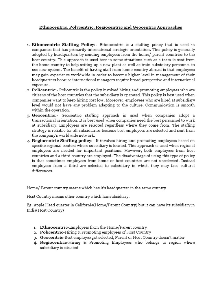 Ethnocentric, Polycentric, Regiocentric and Geocentric Approaches | PDF ...