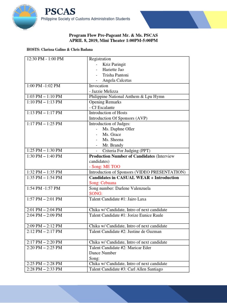 Pscas: Program Flow Pre-Pageant Mr. & Ms. PSCAS APRIL 8, 2019, Mini ...