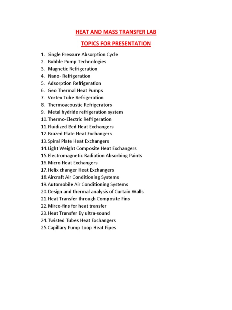 Heat And Mass Transfer Lab Topics For Presentation PDF