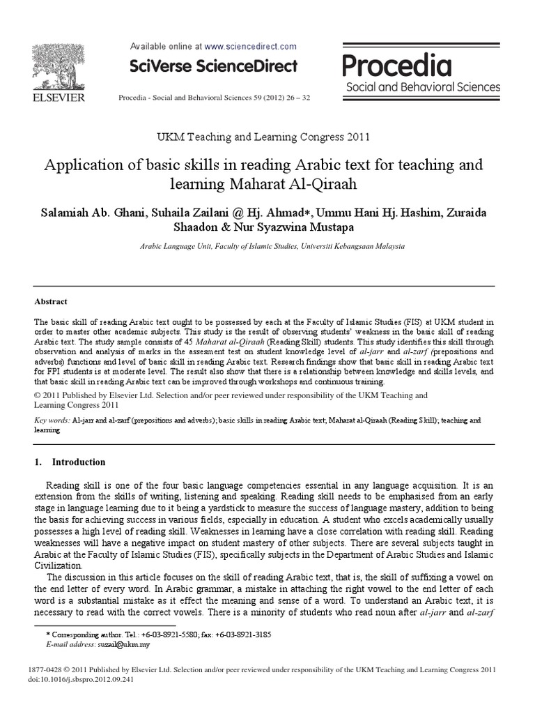 Application of Basic Skills in Reading Arabic Text PDF | PDF | Arabic | Reading (Process)