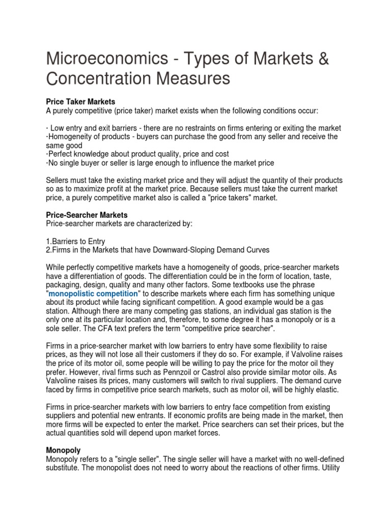 Types of Markets & Concentration | PDF | Market Power | Monopoly