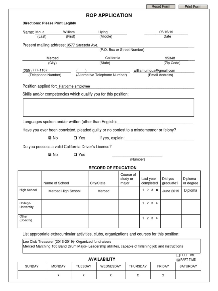 ROP Job Application With Availability - Fillable For Website | PDF ...