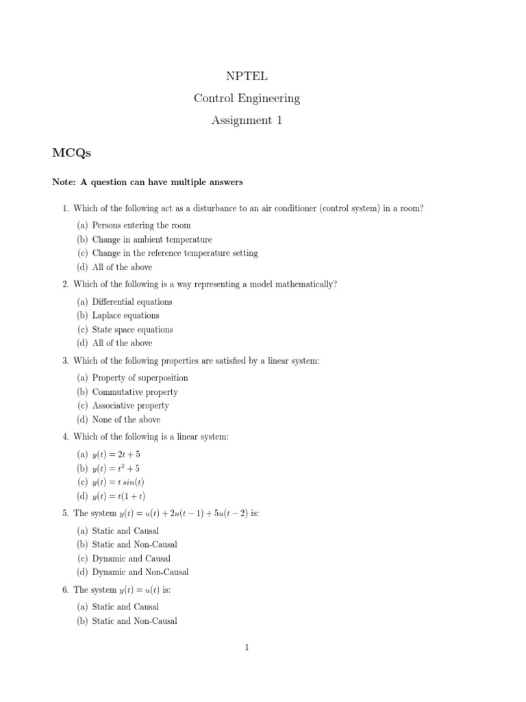 Nptel Control Engineering Assignment 1 Mcqs | Download Free PDF | Capacitor | Voltage