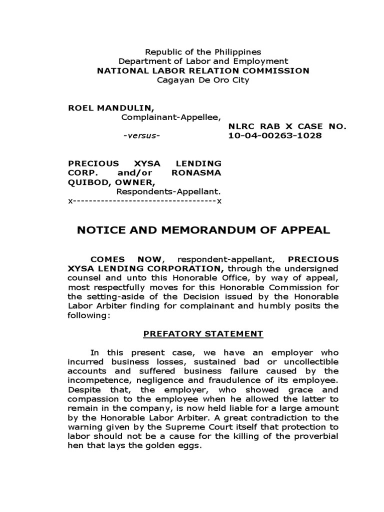 Memorandum Appeal - XYSA | PDF | Employment | Evidence