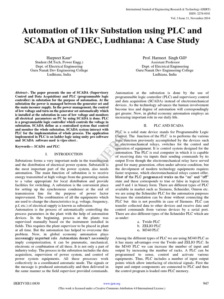 Automation of 11kv Substation Using PLC and Scada at Gndec Ludhiana A Case Study IJERTV3IS110830 ...