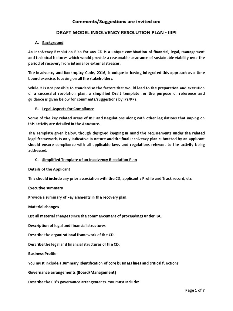 Draft Model Insolvency Resolution Plan | PDF | Security Interest ...