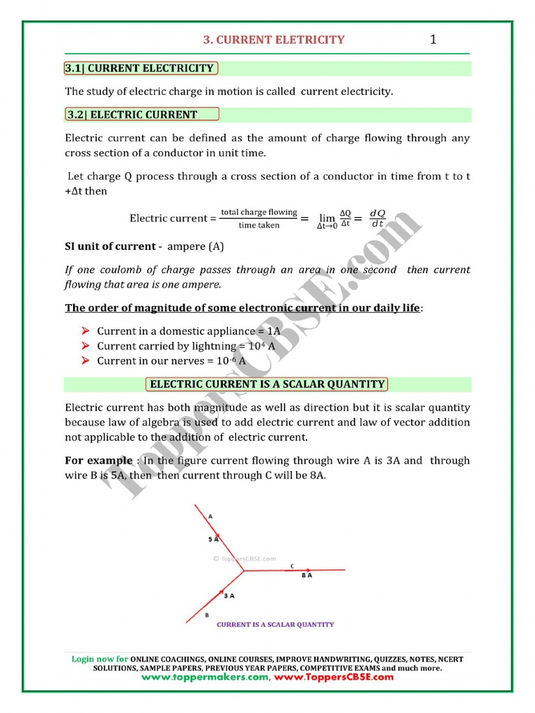 CLASS 12th Physics Notes Chapter 3. Current Electricity Part 1 | PDF