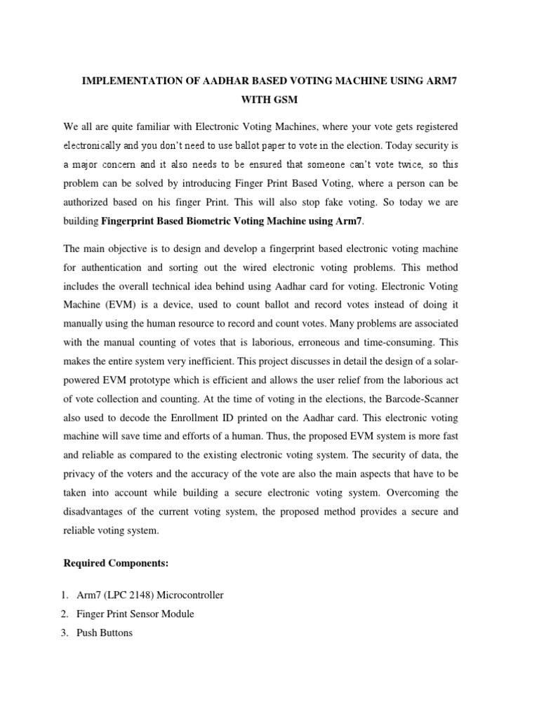 Implementation of Aadhar Based Voting Machine Using Arm7 With GSM | PDF ...