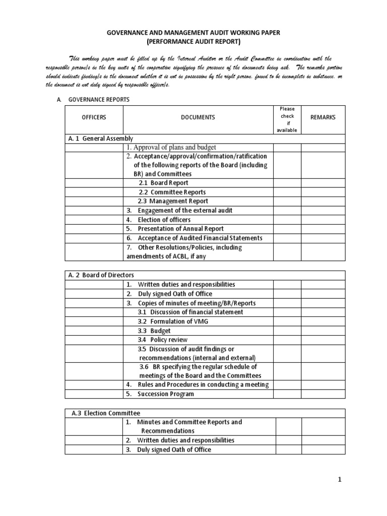 Governance and Management Audit Working Paper (Performance Audit Report ...