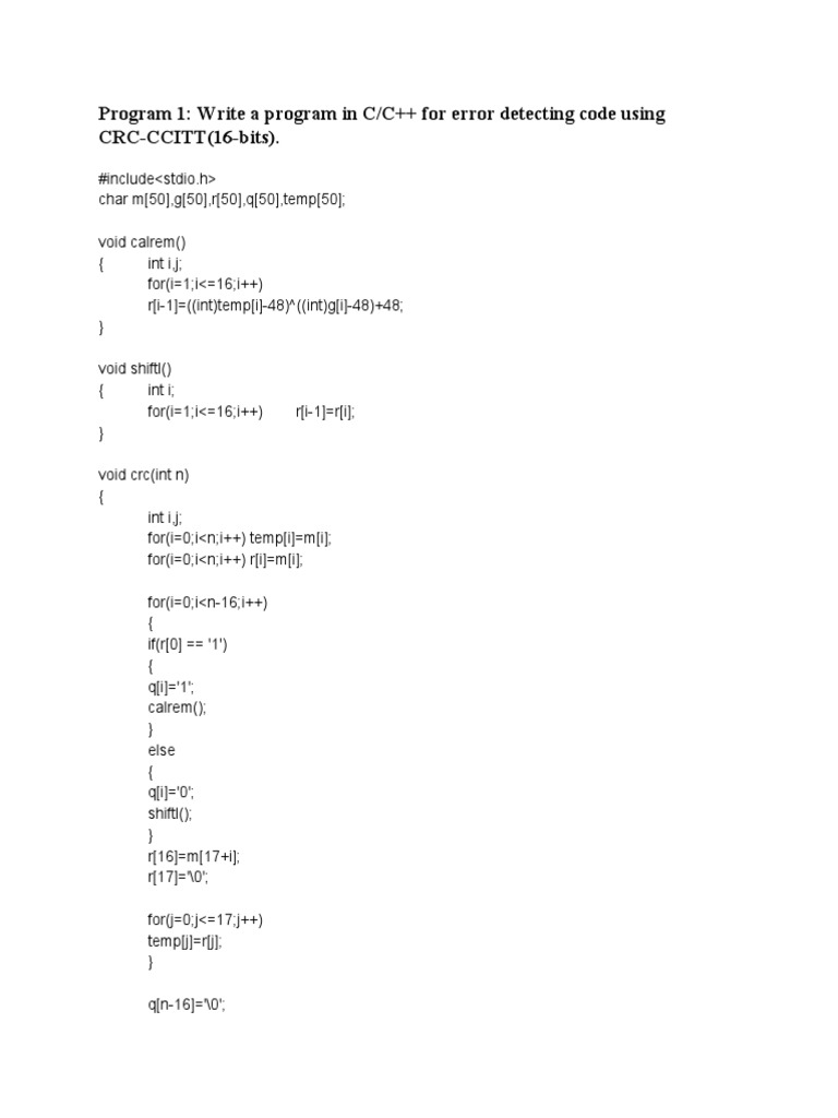 Program 1: Write A Program in C/C++ For Error Detecting Code Using CRC-CCITT (16-Bits ...