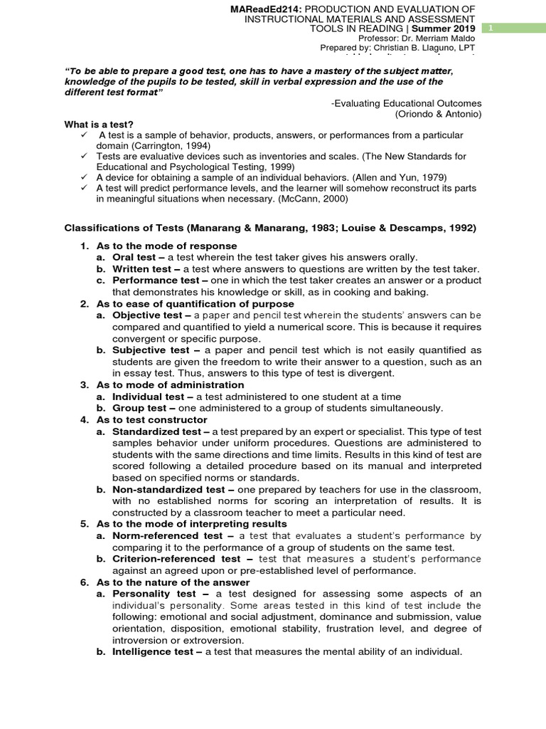 Classifications of Tests-2 | PDF | Test (Assessment) | Educational ...