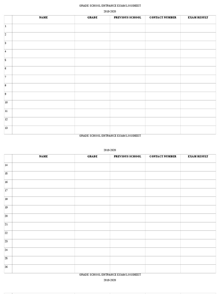 Name Grade Previous School Contact Number Exam Result | PDF
