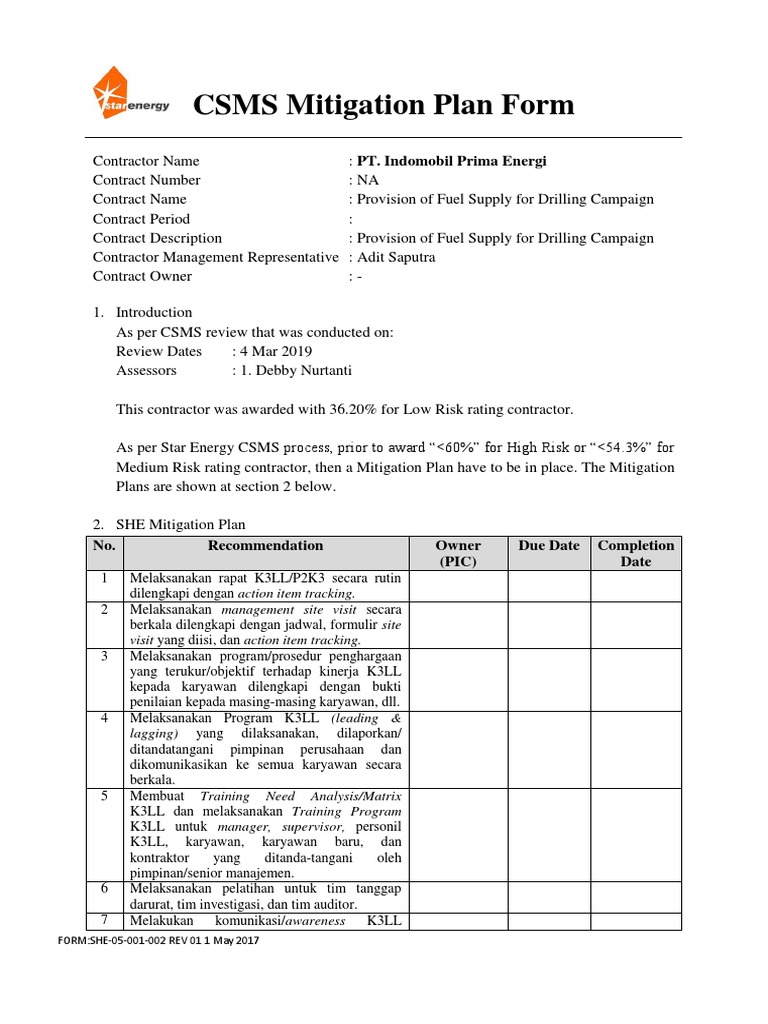 CSMS-Mitigation Plan-PT Indomobil Prima Energi-2019 03 15 | PDF