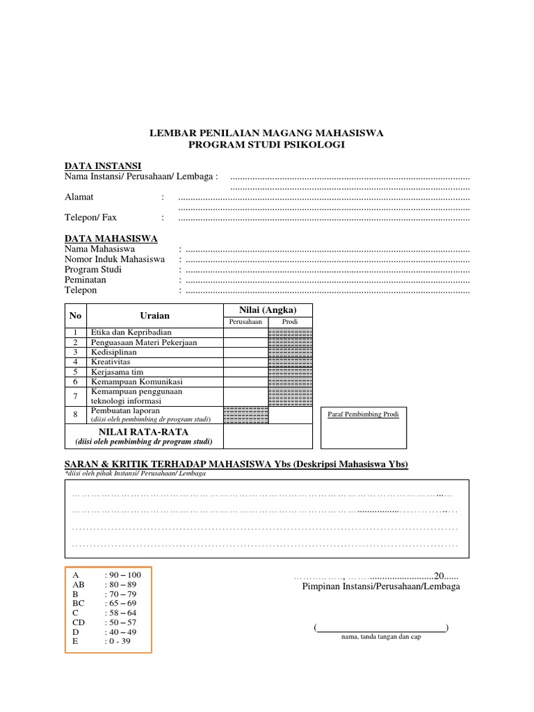 Lembar Penilaian Magang Mahasiswa | PDF