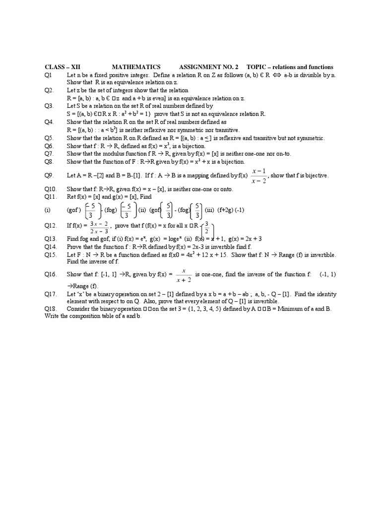 Class 12 Worksheet on Relations and Functions | PDF | Mathematical ...