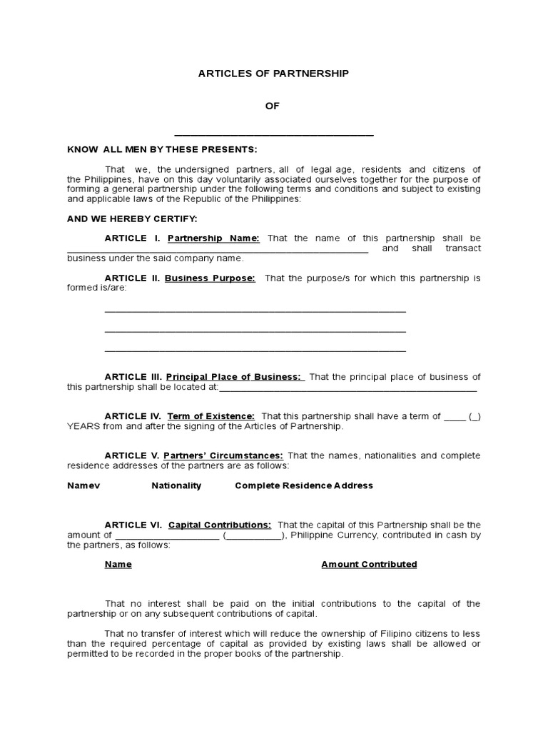 Sample Articles of Partnership Form | PDF | Partnership | Liquidation