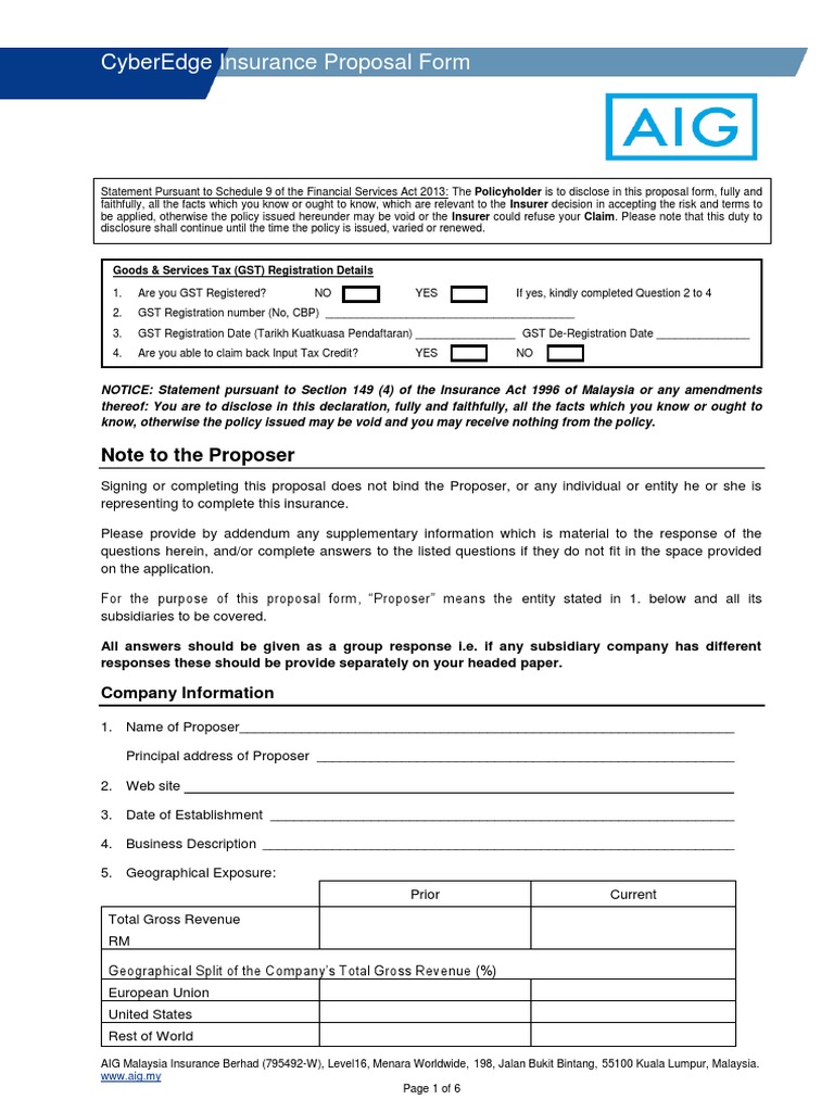 Cyberedge Insurance Proposal Form: Note To The Proposer | PDF ...