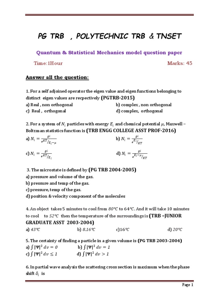 TRB Polytechnic Statistical Mechanics Model Question Paper | PDF ...