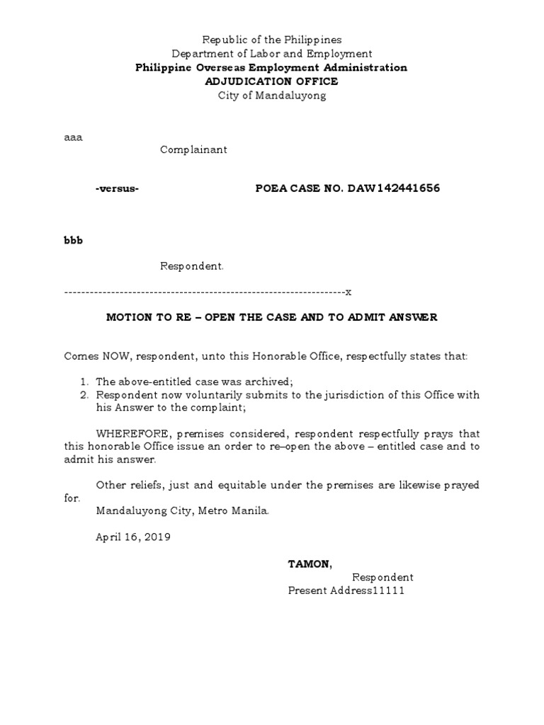 Motion to Reopen POEA Case DAW 142441656 | PDF